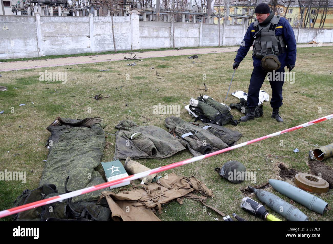 BUCHA, UKRAINE - APRIL 5, 2022 - Uniforms of Russian occupiers are ...