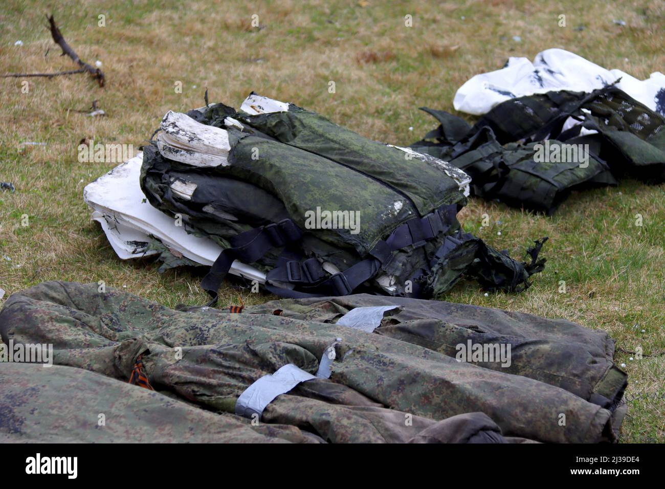 BUCHA, UKRAINE - APRIL 5, 2022 - Elements of the Russian uniform are ...