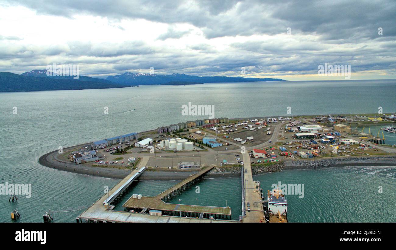 A high angle shot of Homer Spit in Alaska surrounded by the bay and ...