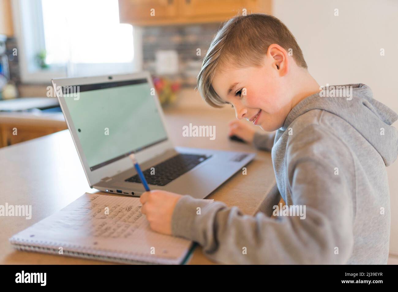 Teenager boy doing his homework at desk indoors Stock Photo - Alamy
