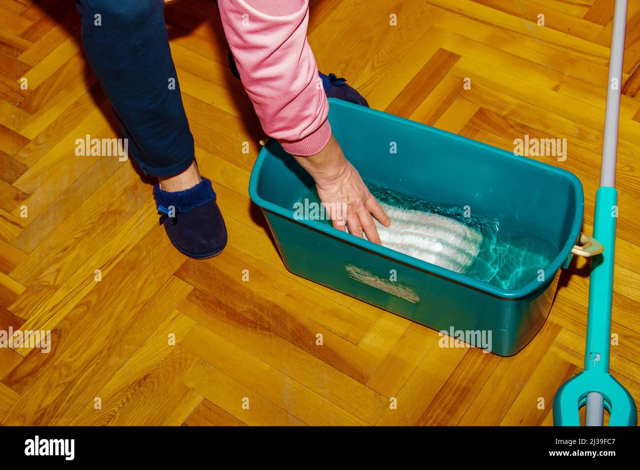 Mop your wood floor. A woman prepares a mop. Housekeeping concept Stock ...