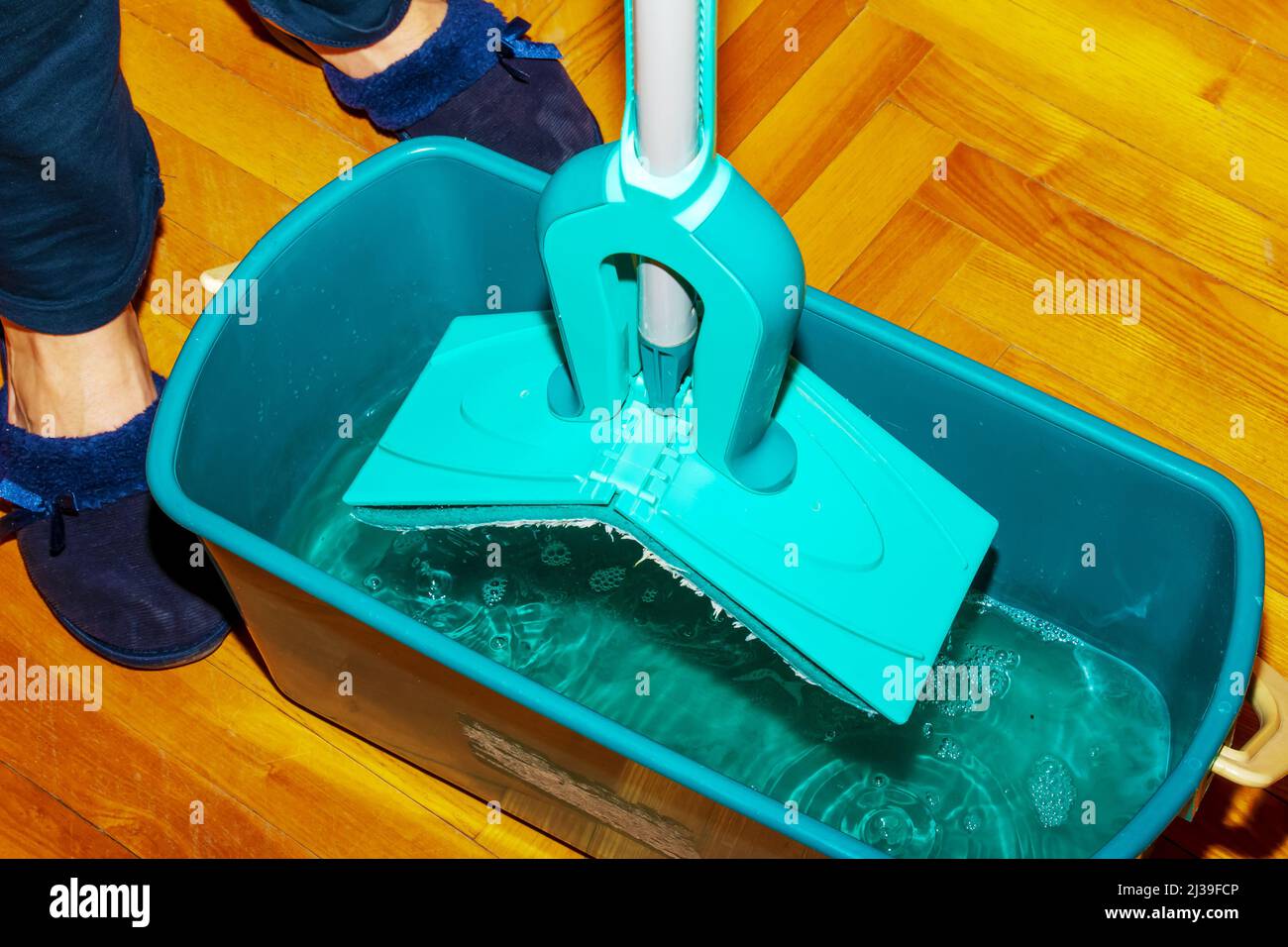 Mop your wood floor. A woman prepares a mop. Housekeeping concept Stock ...