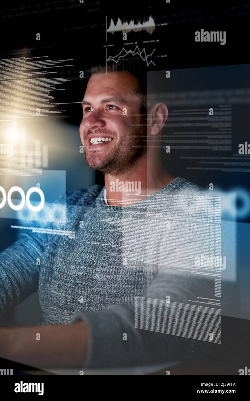 Watching his code in action. Shot of a smiling computer programmer ...