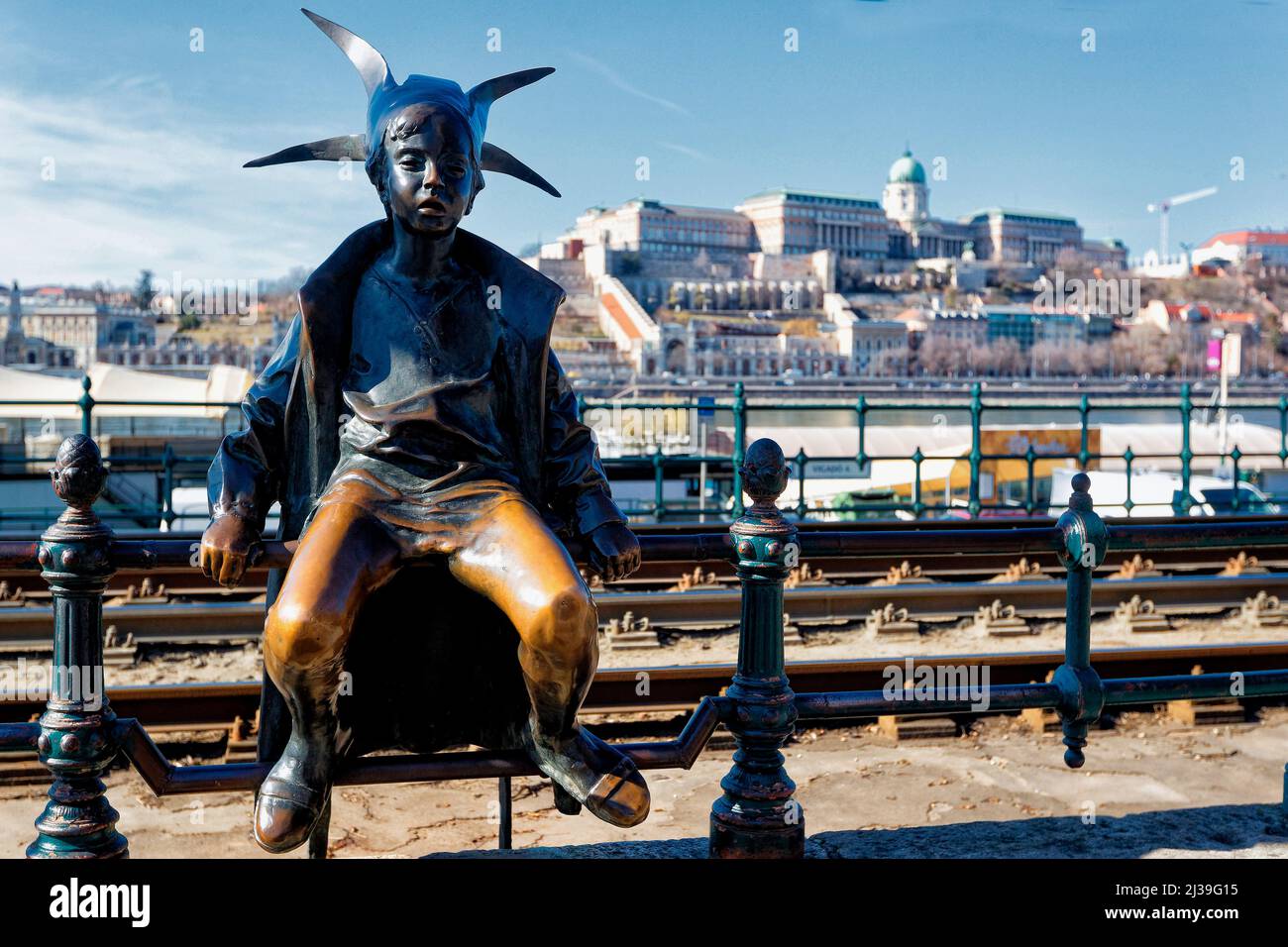 Views of Budapest. Statue "Little Princess" sitting on the railing of ...