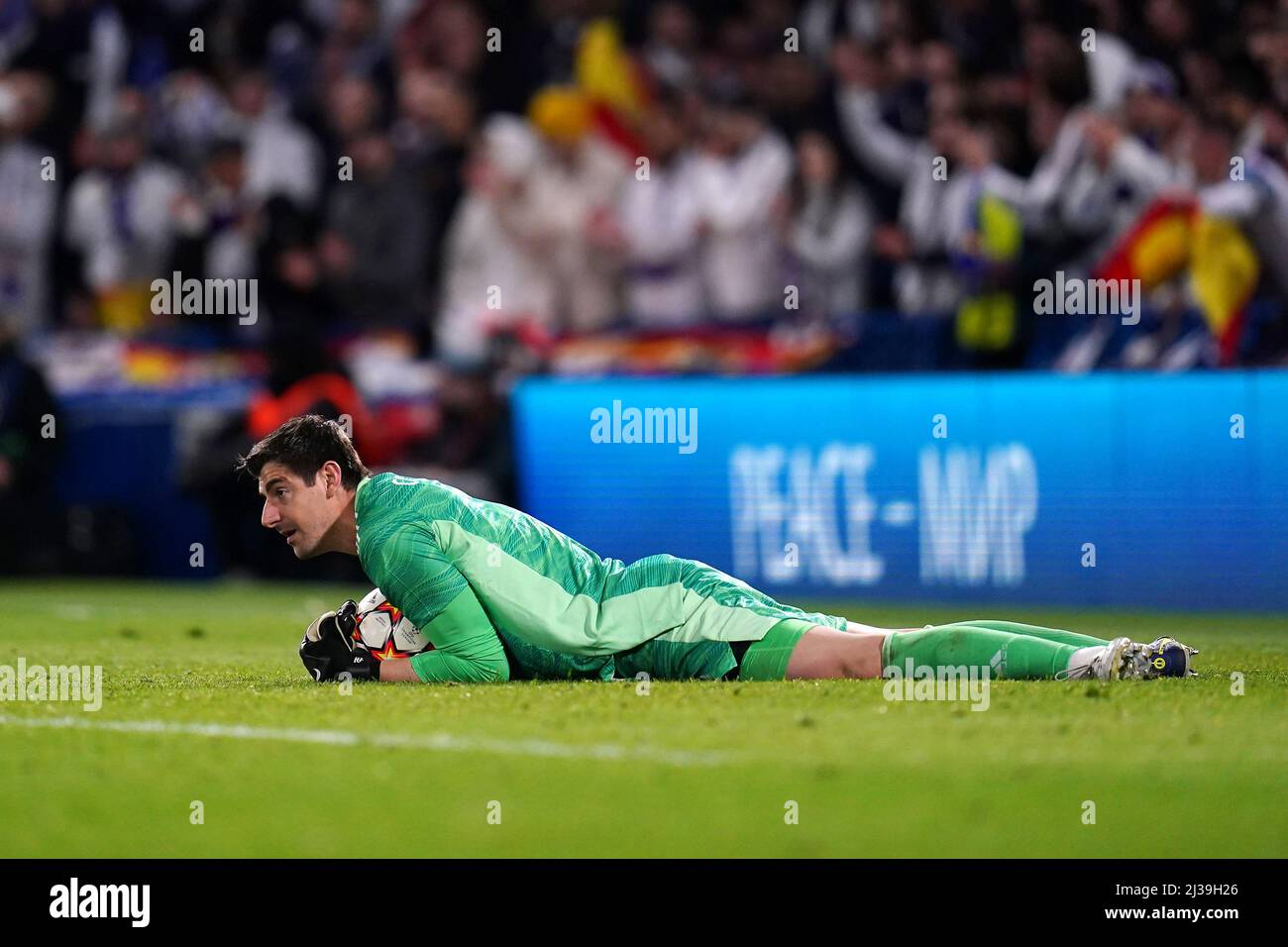 Real Madrid goalkeeper Thibaut Courtois claims the ball during the UEFA ...