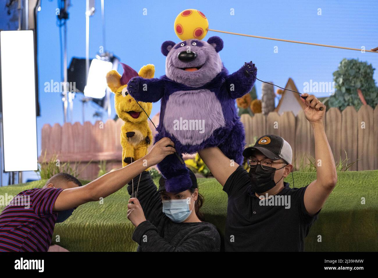 April 30, 2021: From left, puppeteers Mel Campbell, Haley Jenkins, and ...