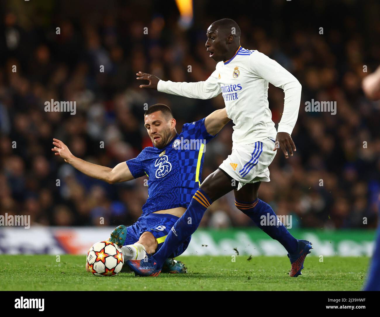 London, England, 6th April 2022. Mateo Kovacic of Chelsea tackles ...