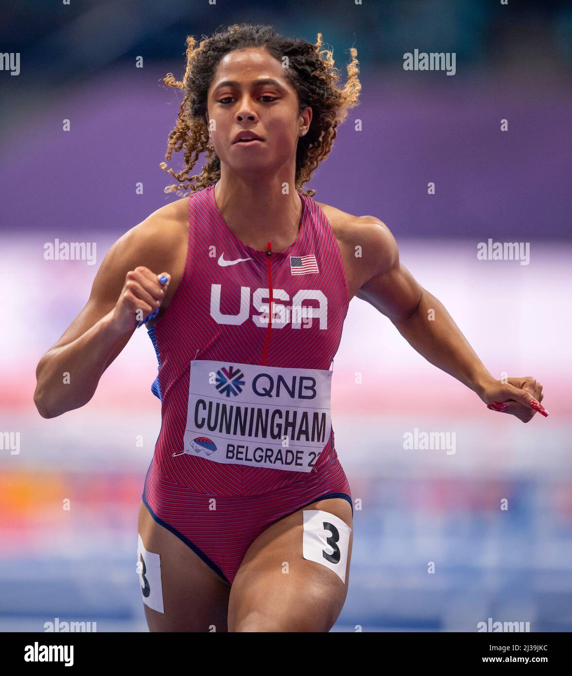 Gabriele Cunningham competing in the 60m hurdles semi finals on Day Two ...