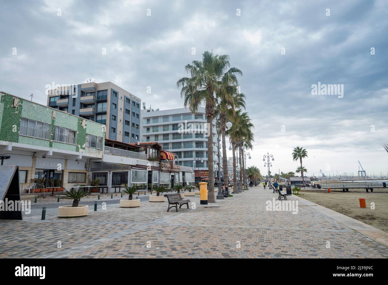 August 11, 2020, finikoudes promenade with palm trees near the sea in ...
