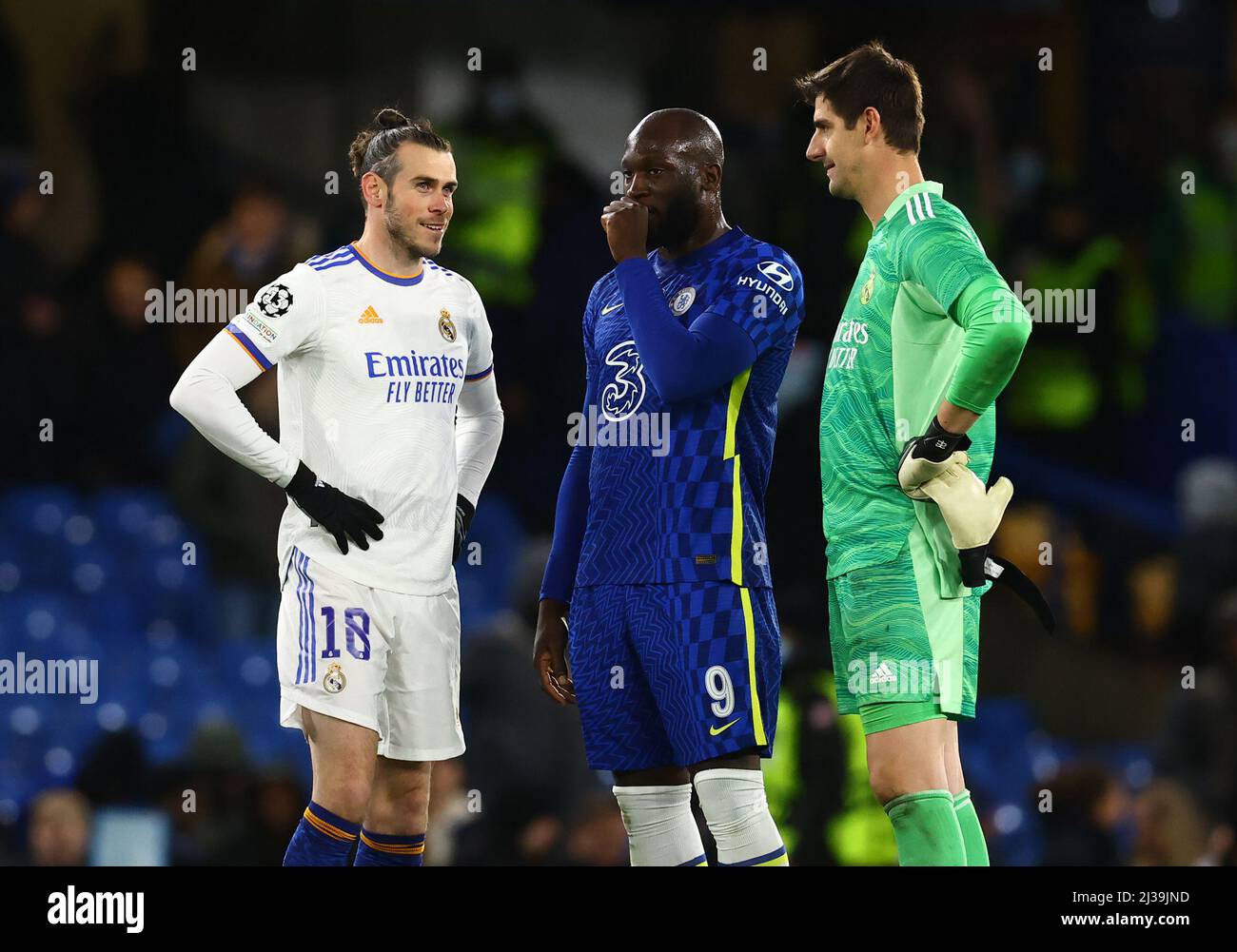 London, England, 6th April 2022. Gareth Bale and Thibaut Courtois of ...