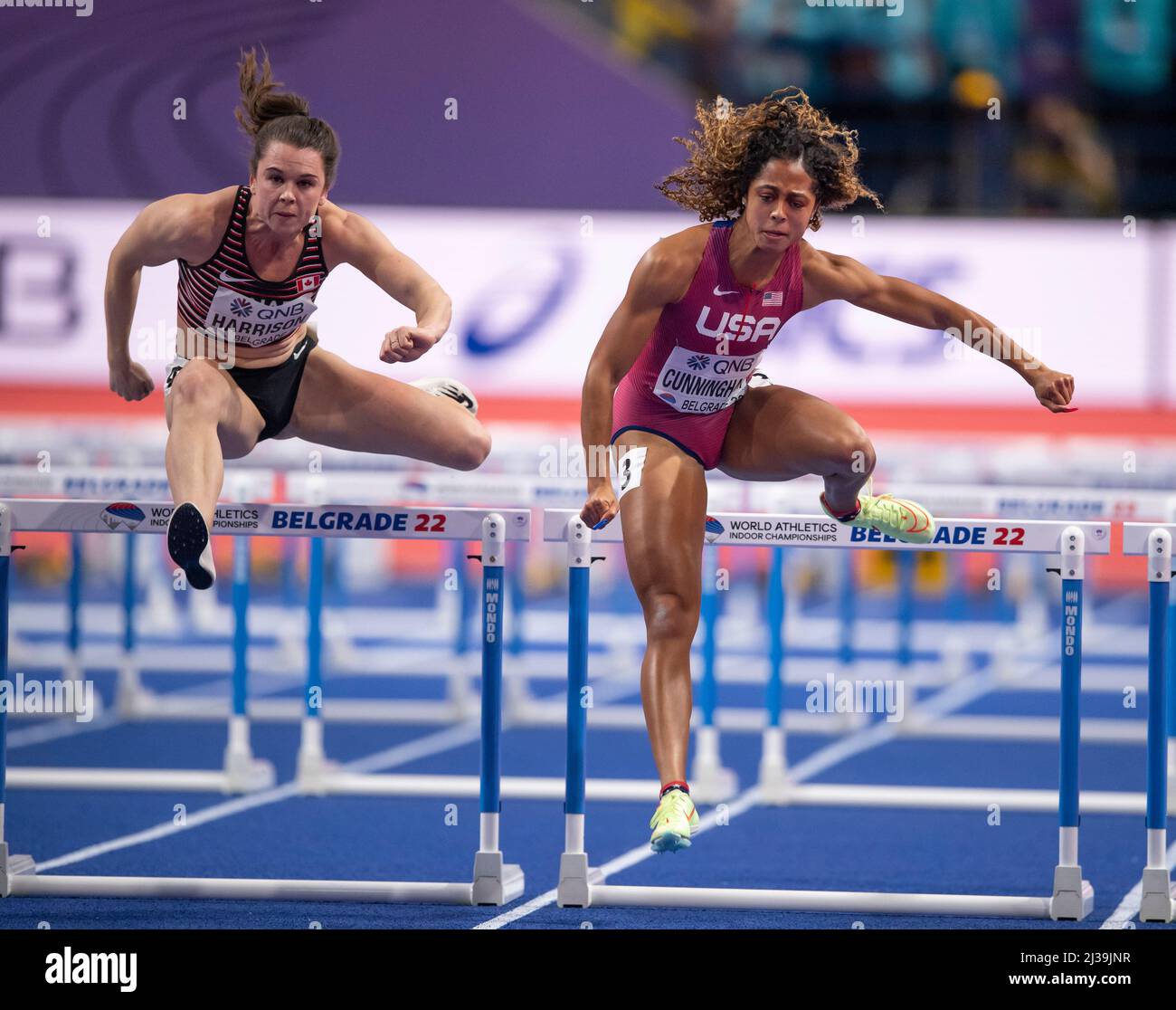 Gabriele Cunningham competing in the 60m hurdles semi finals on Day Two ...