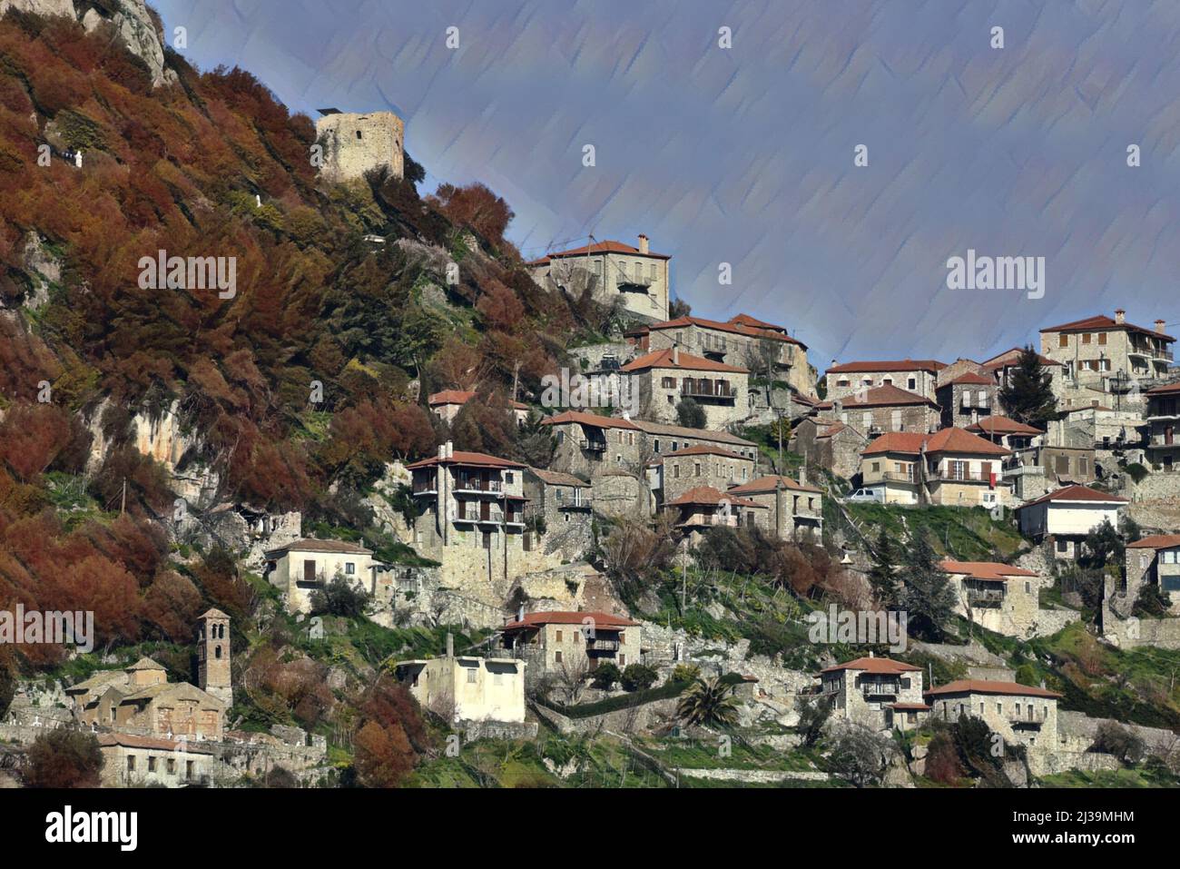 Landscape with scenic view of Karytaina a historic rural town with ...