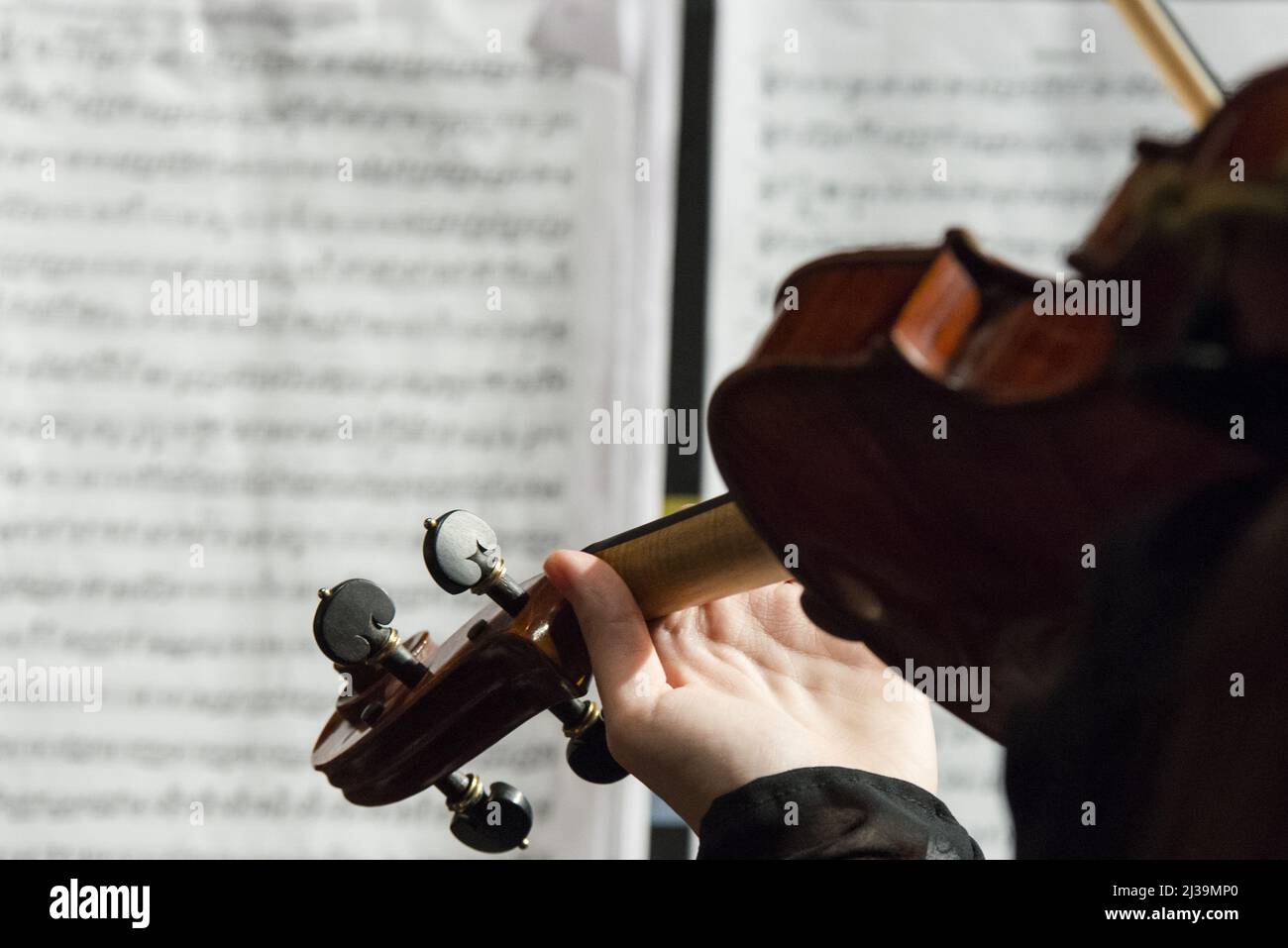 A man's hand holding and playing violin Stock Photo - Alamy