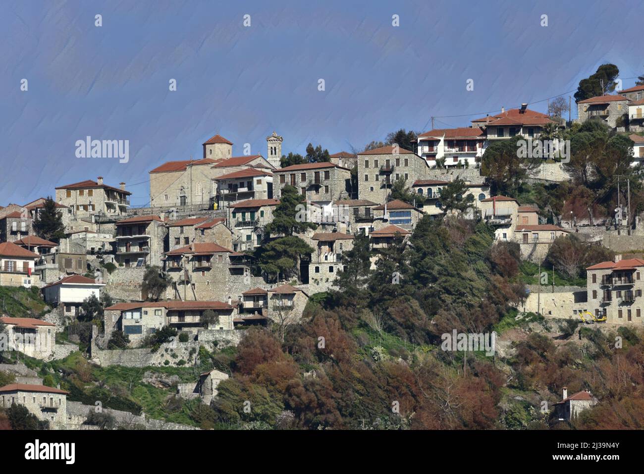 Landscape with scenic view of Karytaina a historic rural town with ...