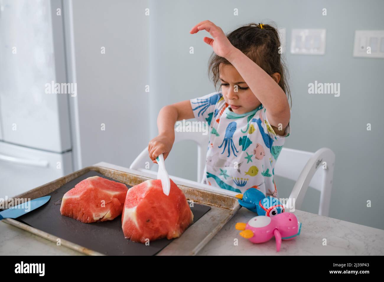 Female child chopping watermelon in kitchen Stock Photo - Alamy