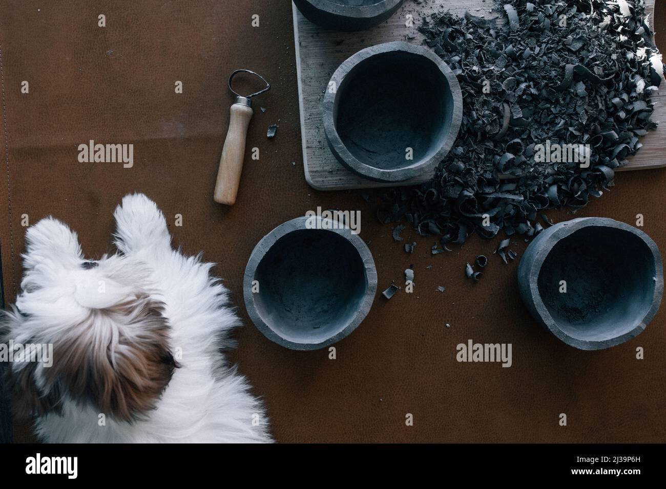Pottery out of clay with white shih tzu puppy laying on leather mat ...
