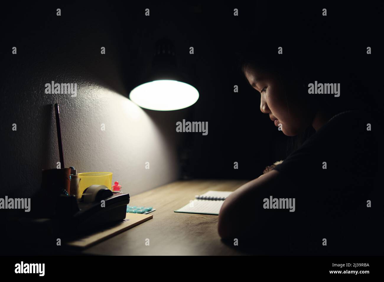 a girl reading the diary on the desk Stock Photo - Alamy
