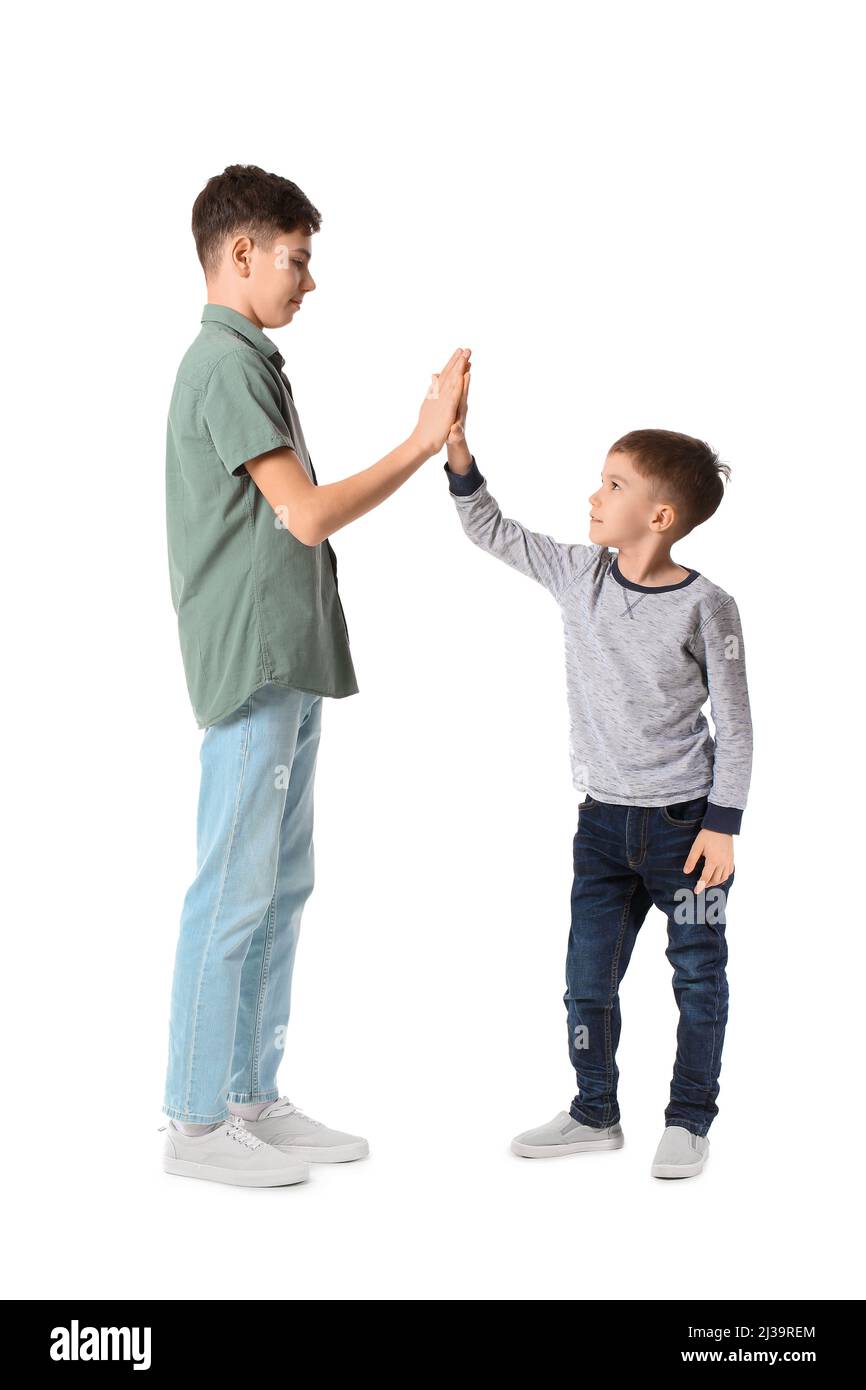 Portrait of cute brothers giving high-five to each other on white ...