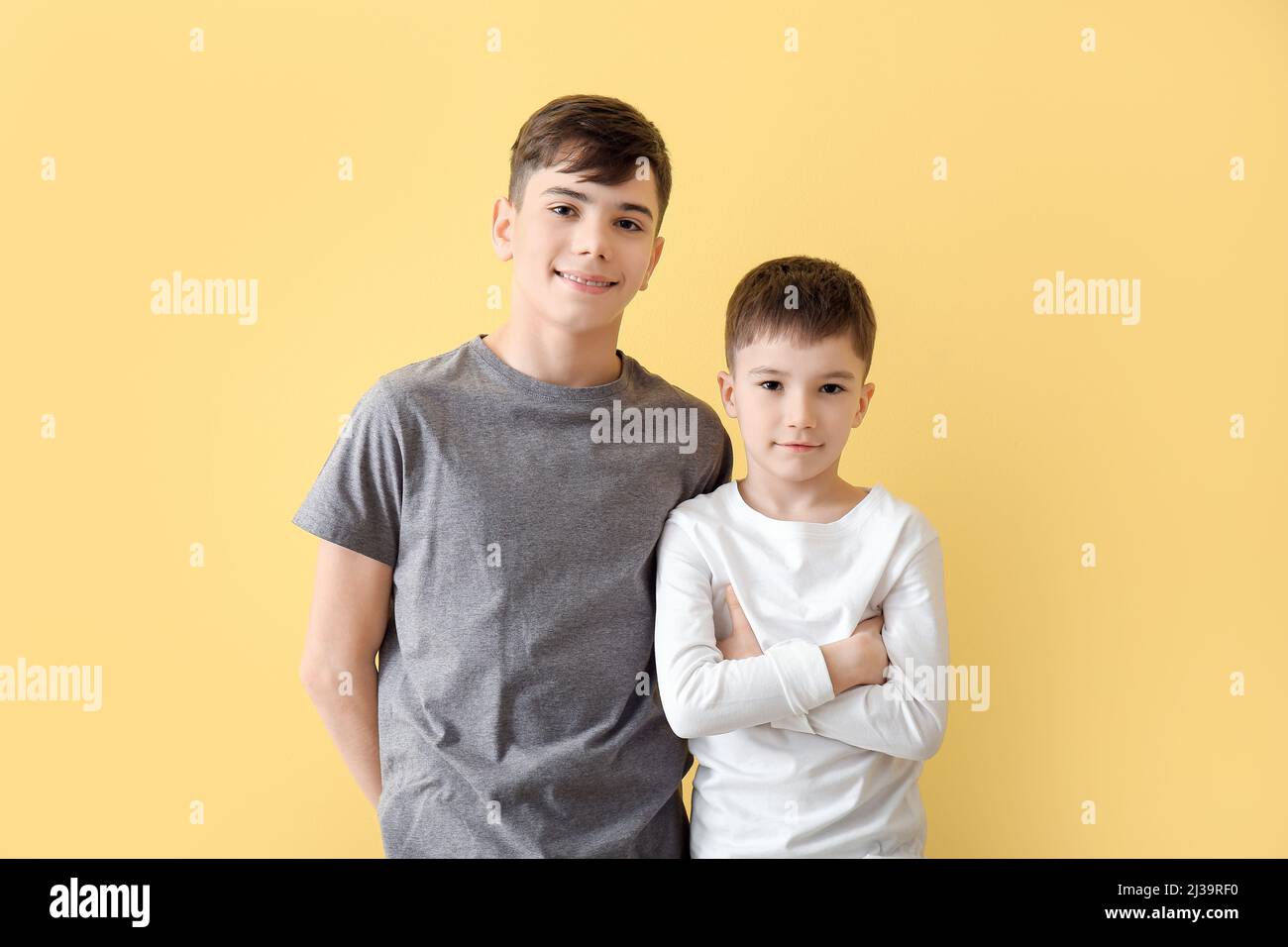 Portrait of cute brothers on color background Stock Photo - Alamy