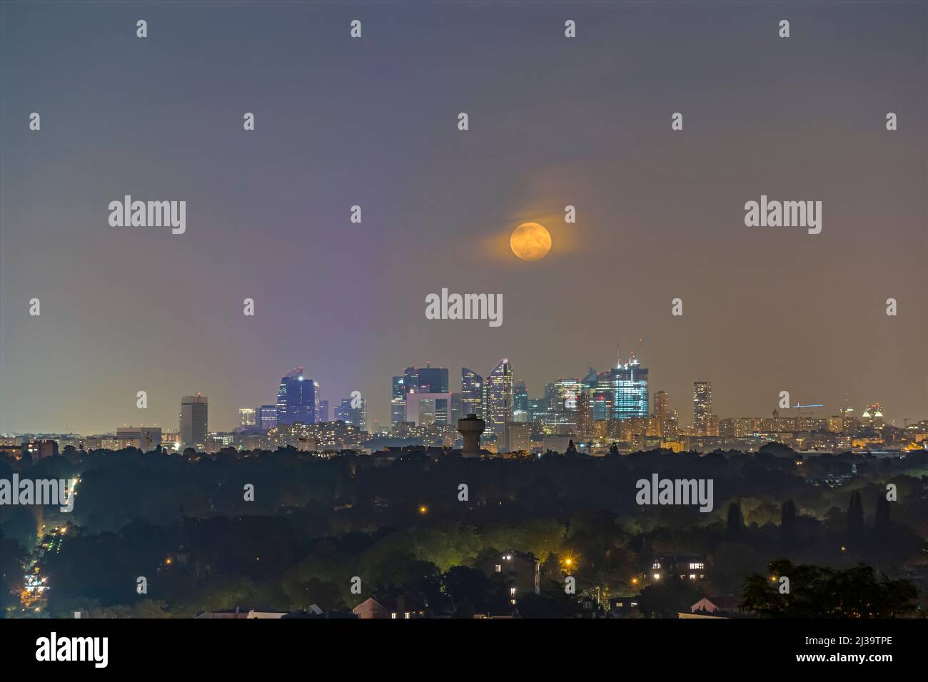 Full Moon Over La Defense District Skyline at Night With Towers ...