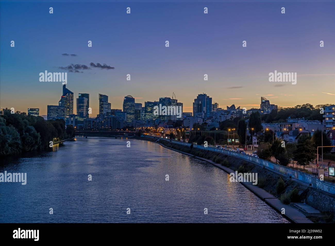 Blue Hour at Sunset at La Defense Business District With Seine River ...
