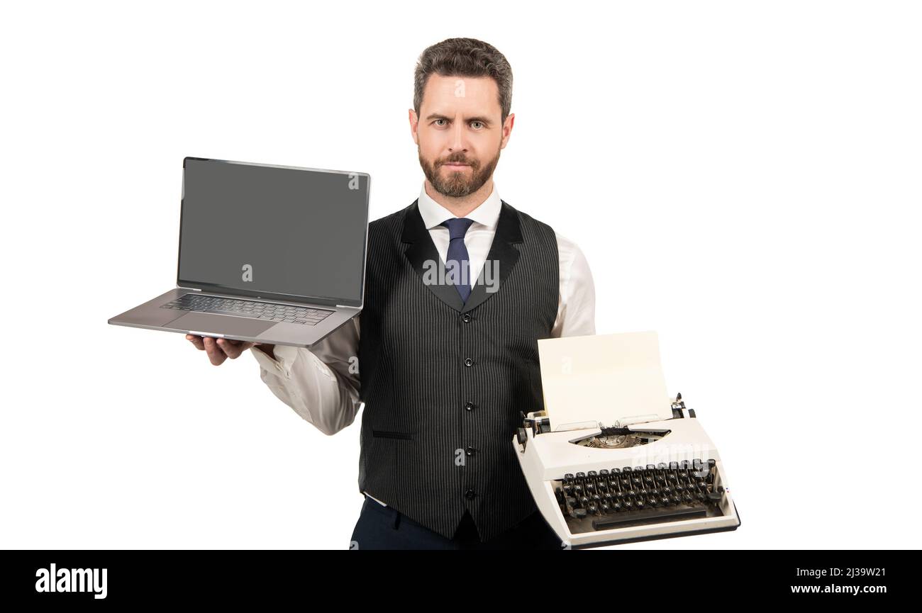 ceo comparing old and modern technology. boss isolated on white ...