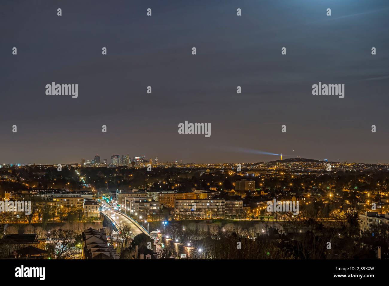 Panorama of La Defense District and Eiffel Tower at Night With Traffic ...