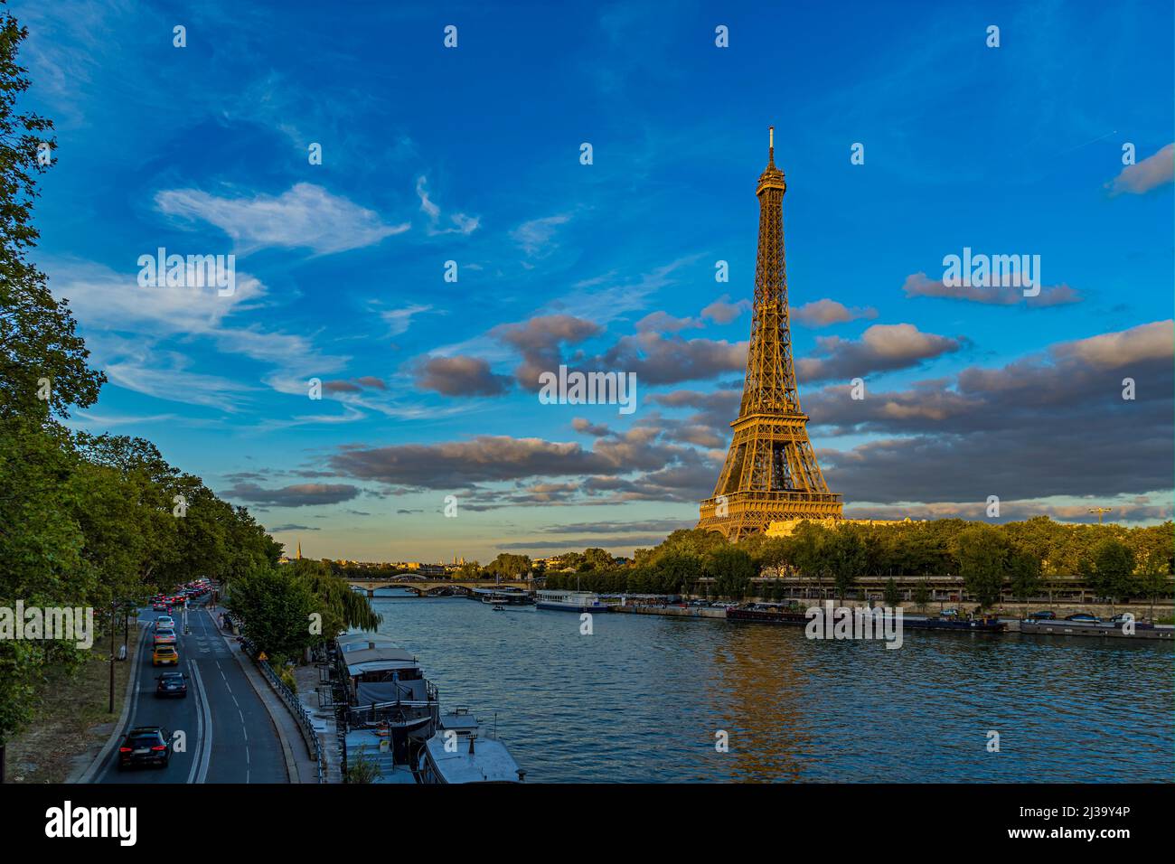 Summer Sunset Over Paris and Eiffel Tower Seine River and Boats Road ...