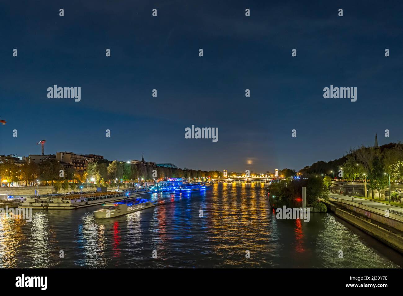 Full Moon Over Seine River in Paris at Night With Boats Cruises and ...