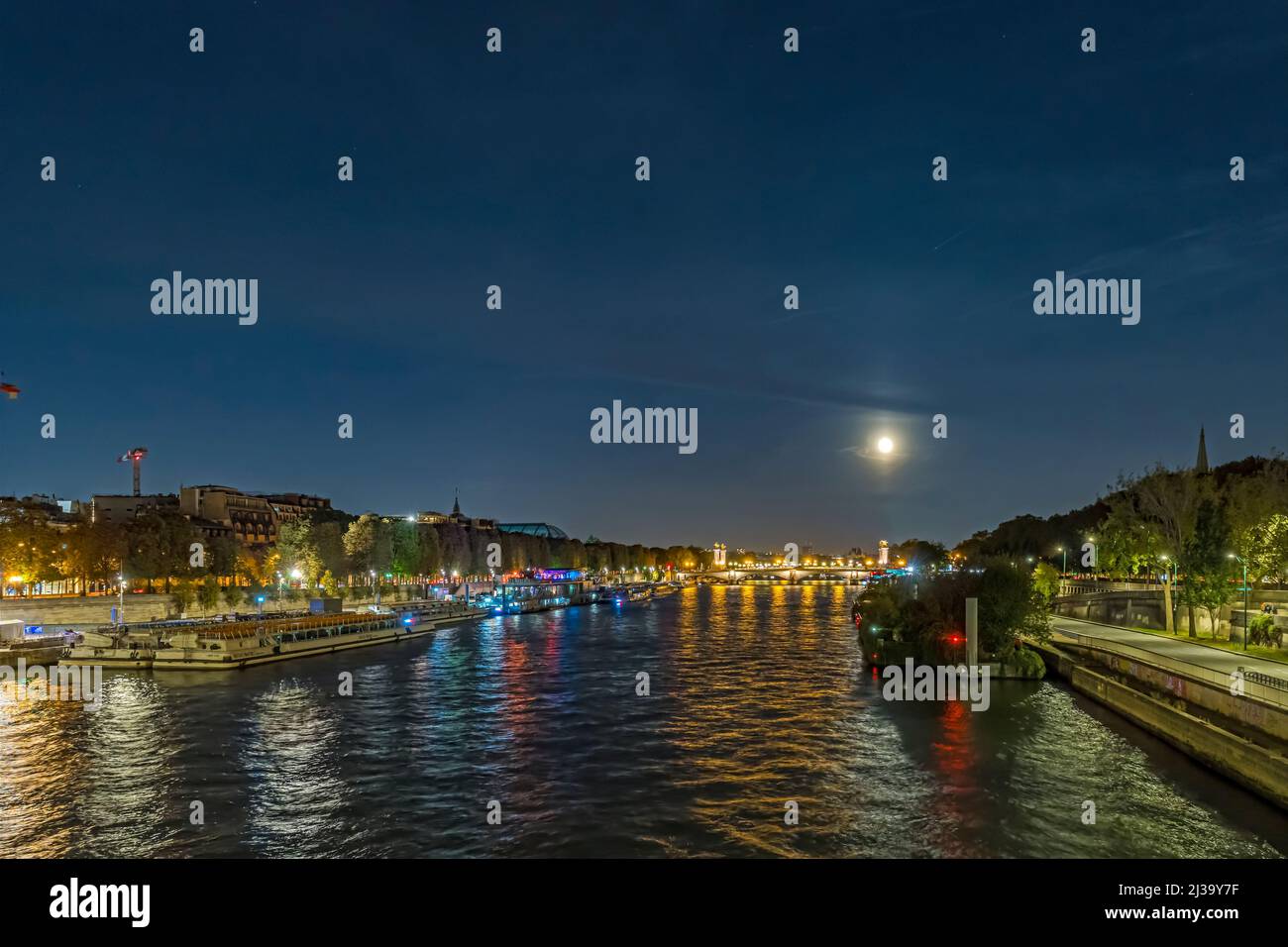White Full Moon Over Paris Touristic Center at Night With Seine River ...