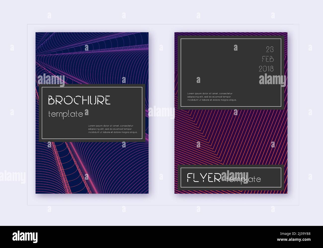 Black cover design template set. Violet abstract lines on dark ...
