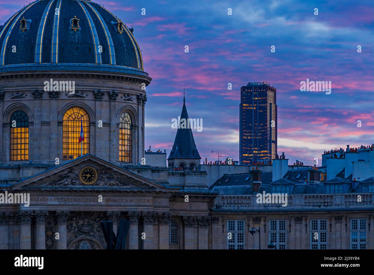 Enlightened Monuments at Dusk in Paris With Montparnass Tower Above ...