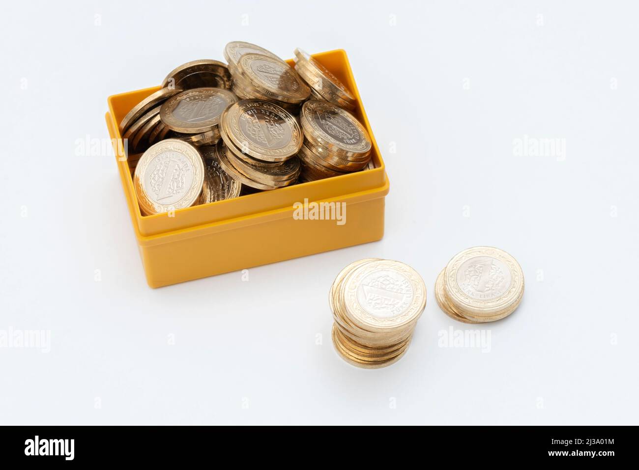 Stacks of Turkish One Lira coins on the white background Stock Photo ...