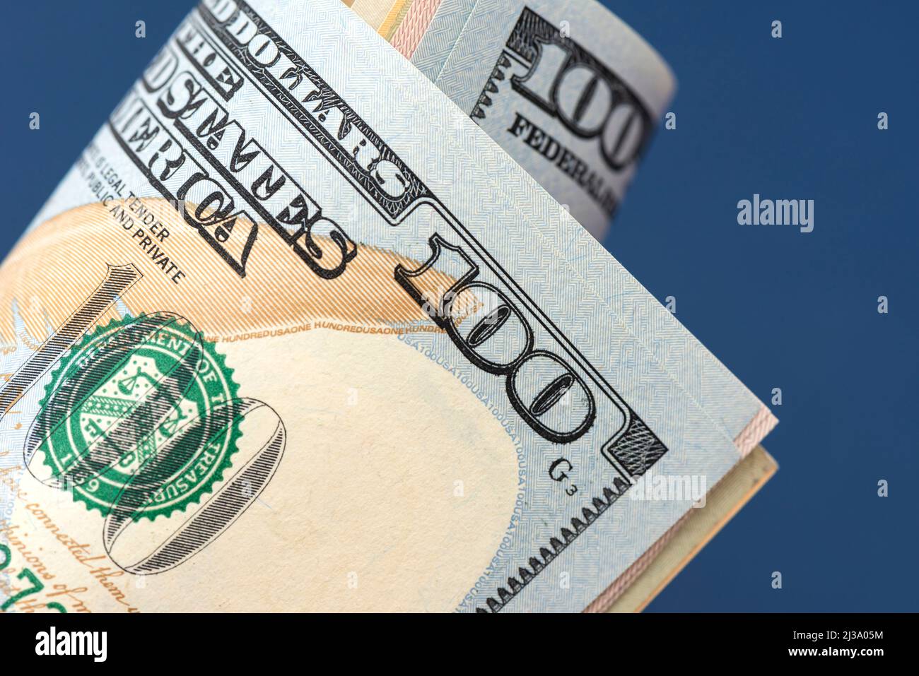 Many american dollar banknotes corner on the blue background Stock ...