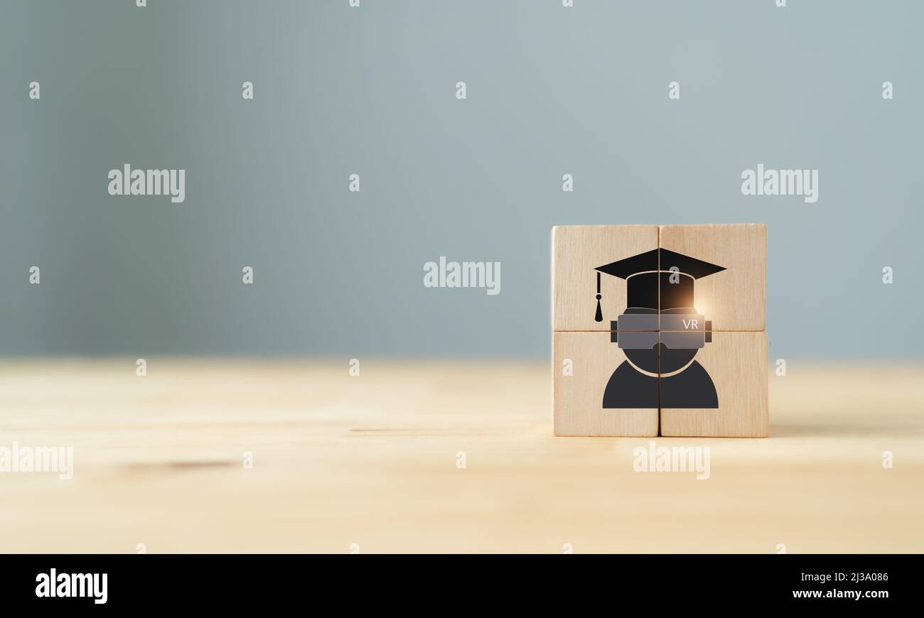 Virtual reality (VR) education concept. Futuristic school science class ...