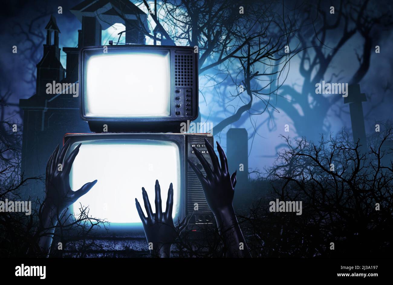 3d render halloween illustration of old fashioned lightened tv sets ...