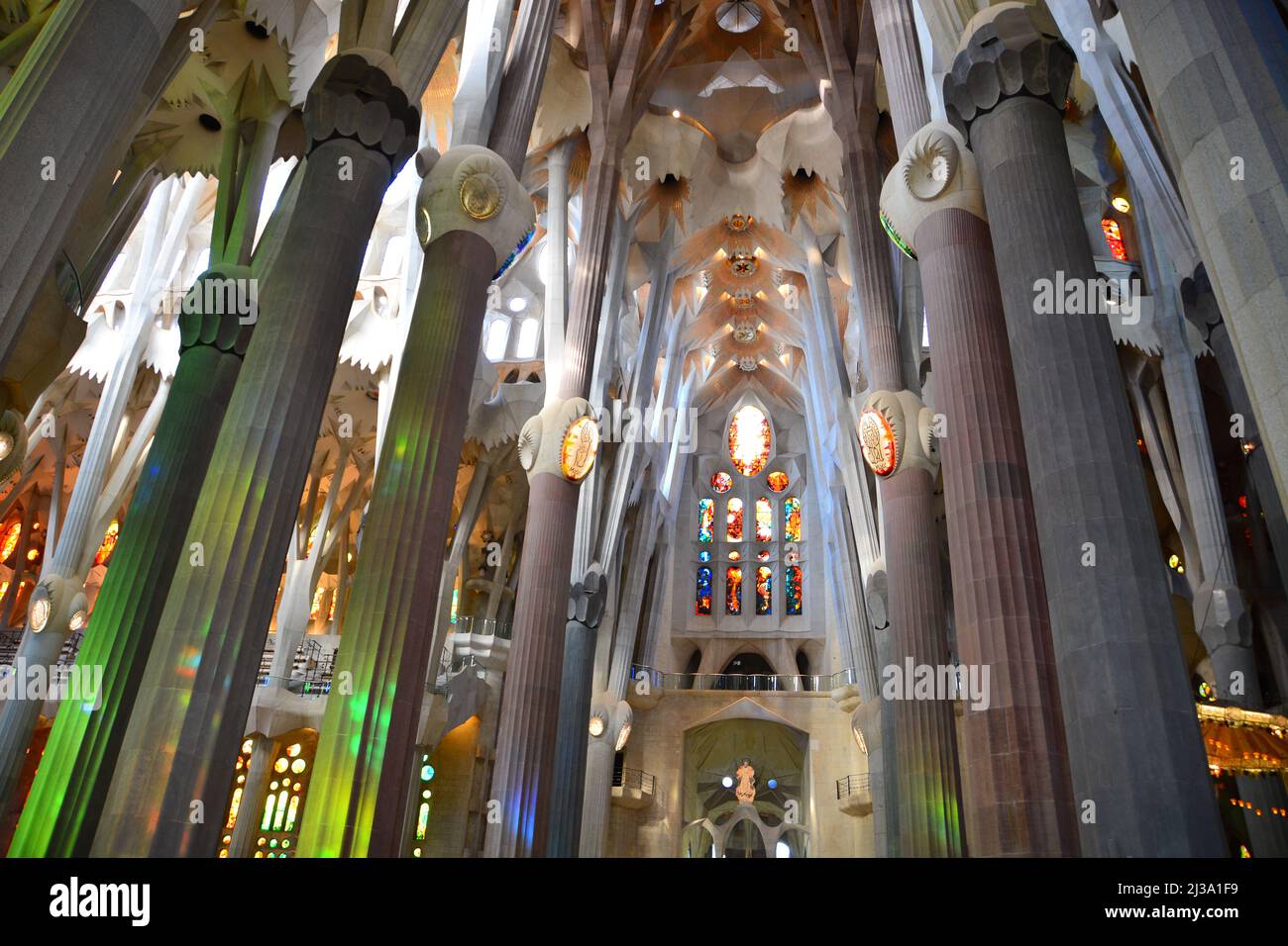 A perspective shot of columns of the Sagrada de La Familia in Barcelona ...