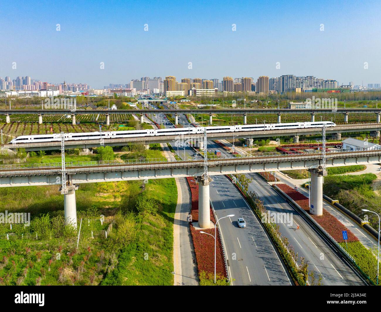 HEFEI, CHINA - APRIL 6, 2022 - A train runs on a railway line in Hefei ...
