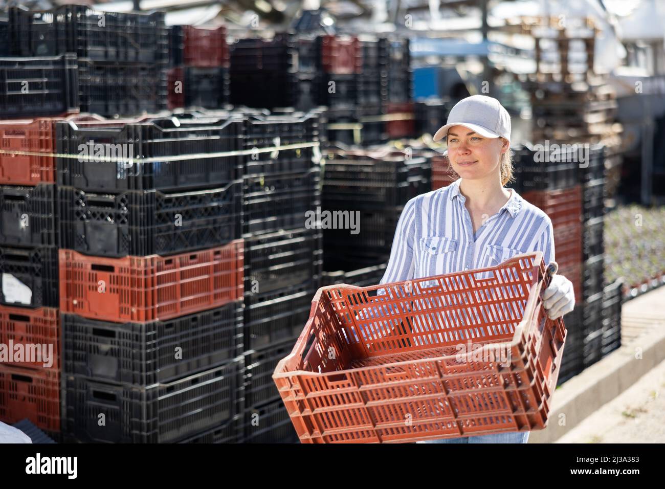 Female worker carrying crate in outdoors warehouse Stock Photo - Alamy