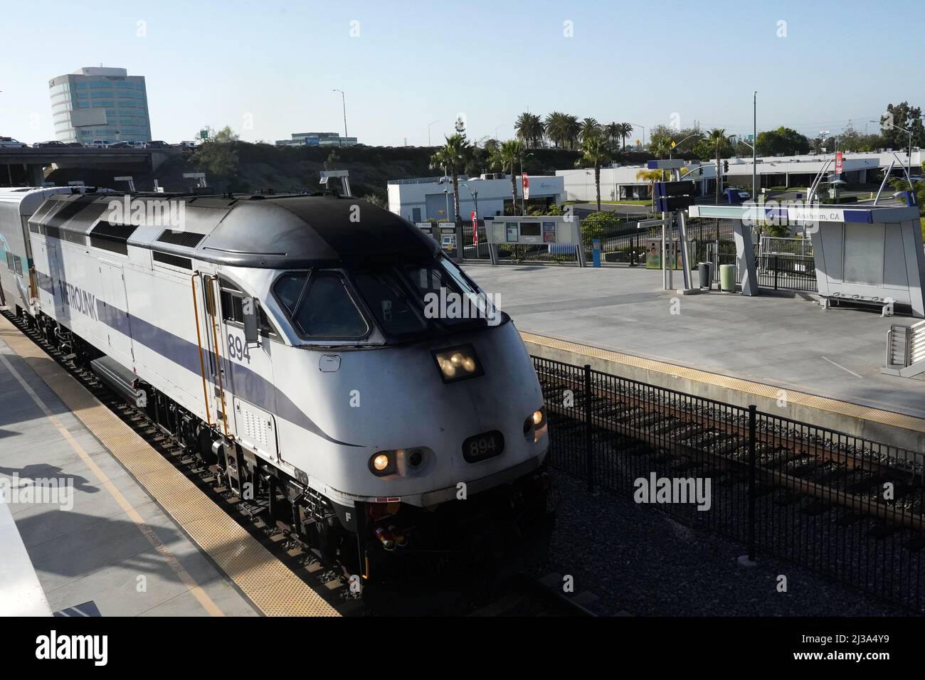 Metrolink train arrives at anaheim regional transportation intermodal ...