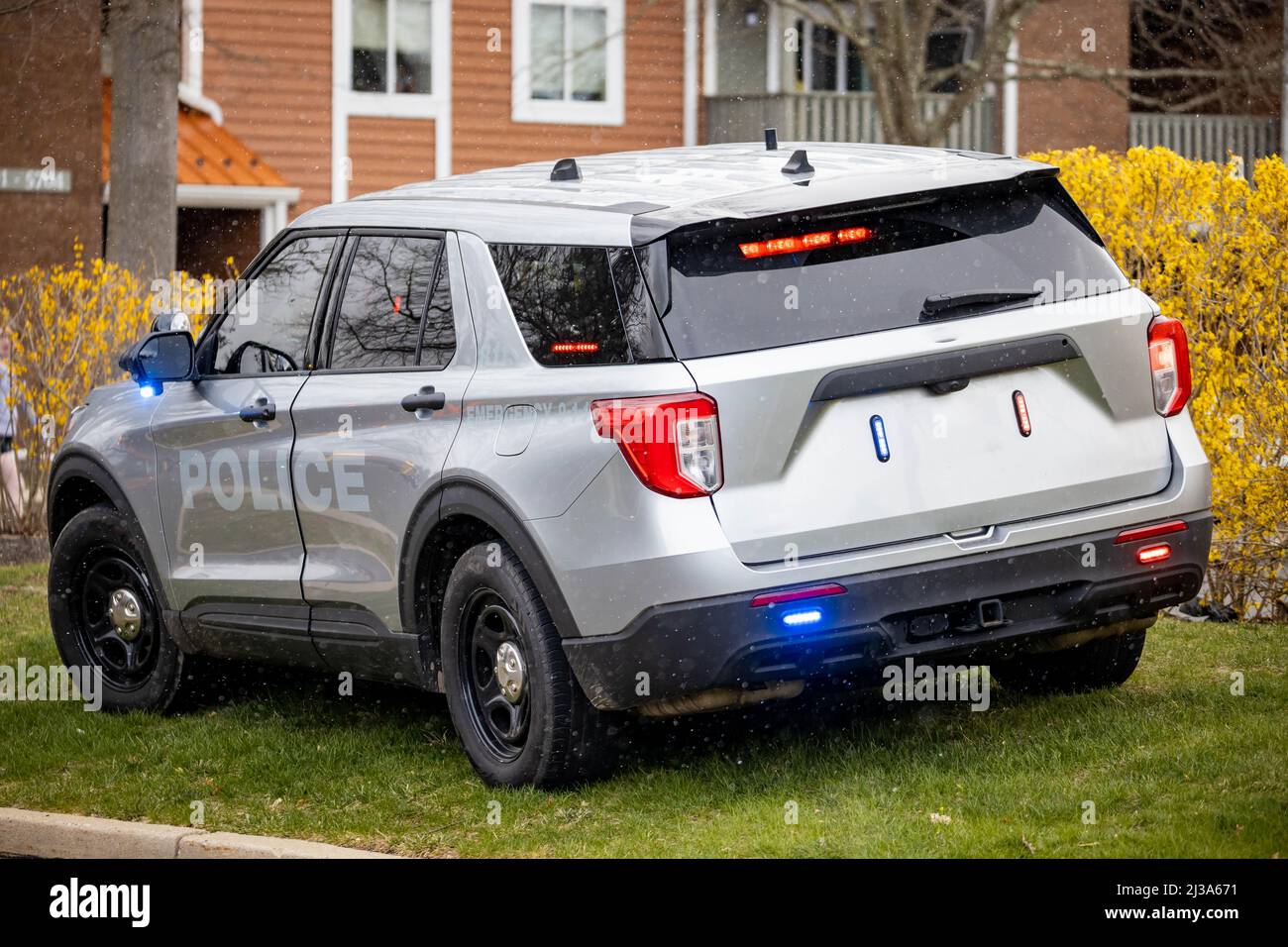 Parked police car with emergency lights illuminated from back Stock ...
