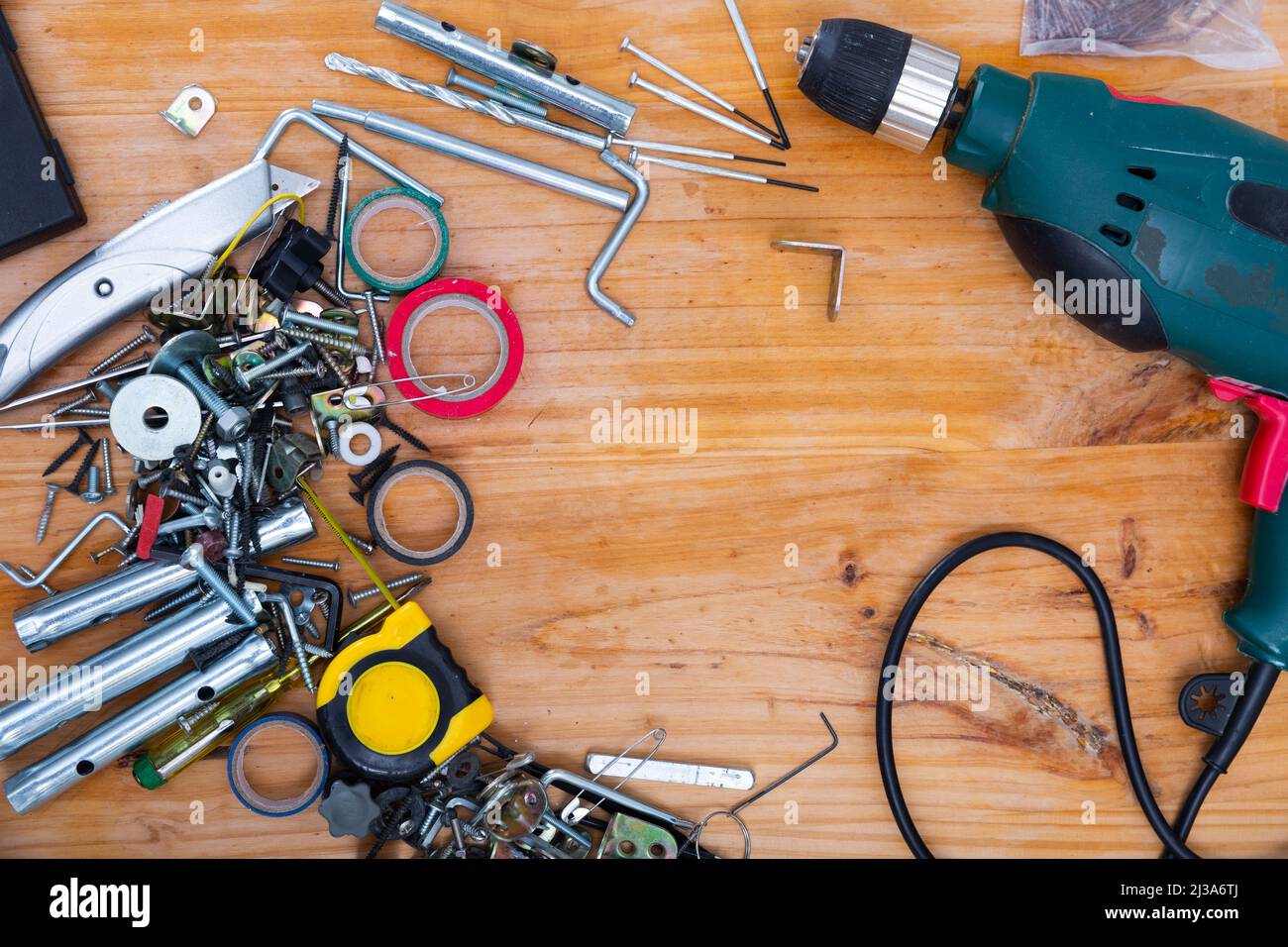 Hand tools on wooden table with copyspace Stock Photo - Alamy