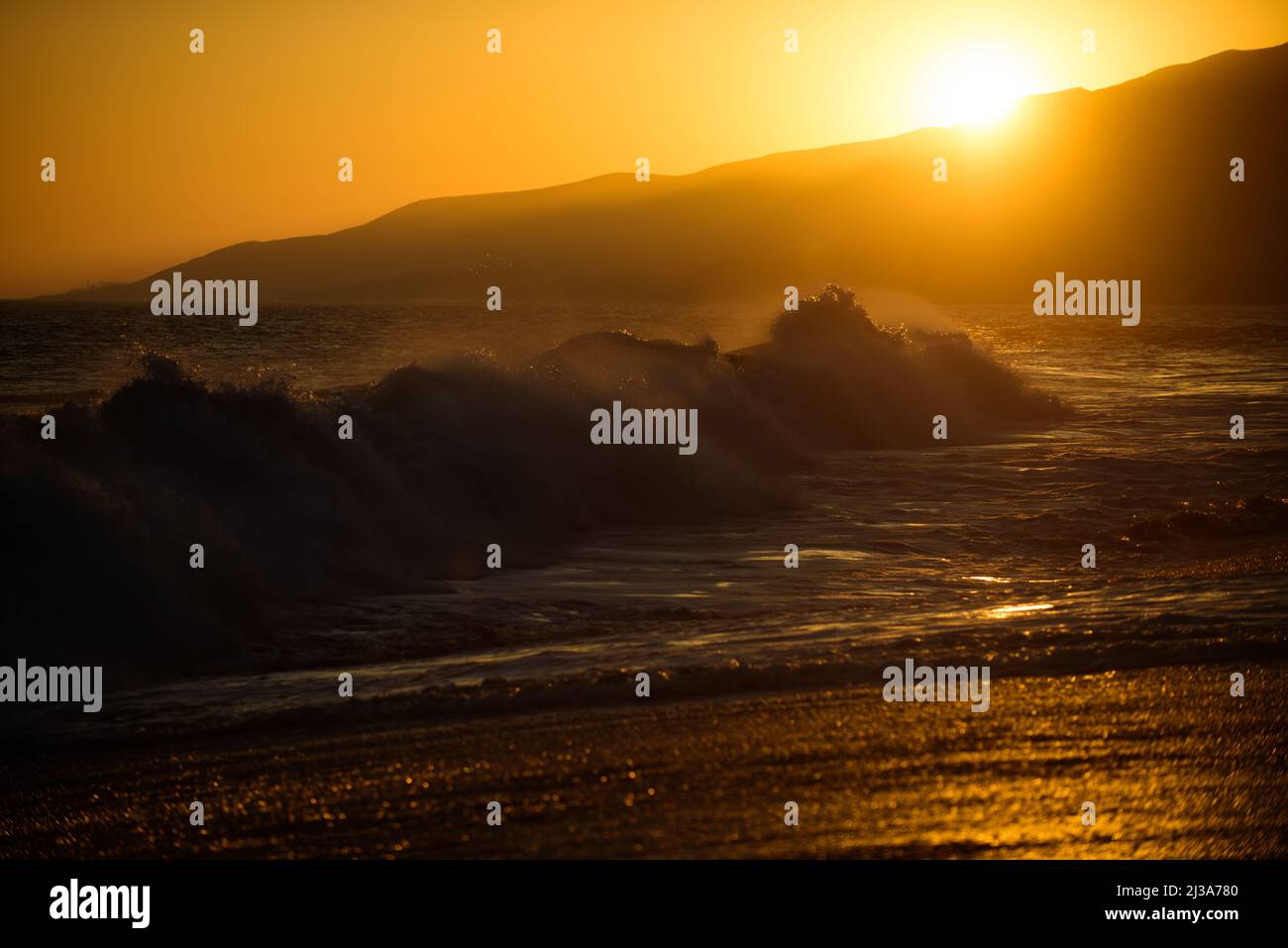 Gold sky and sea water. Sunrise in the sea with soft wave and cloudy. Sunset at sea landscape ...