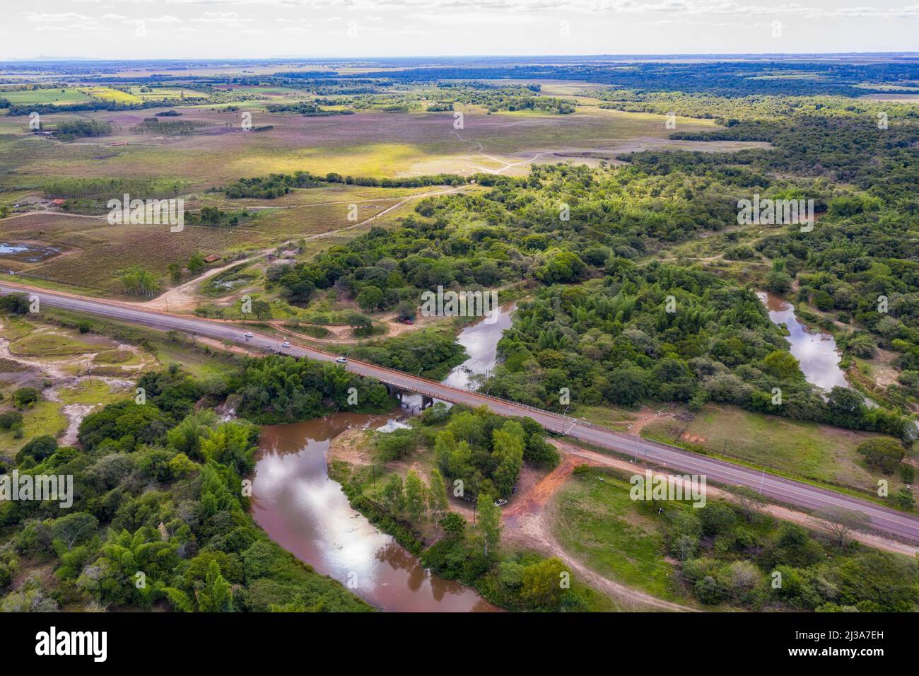 Aerial view of a bridge over the Tebicuary River in Paraguay between ...