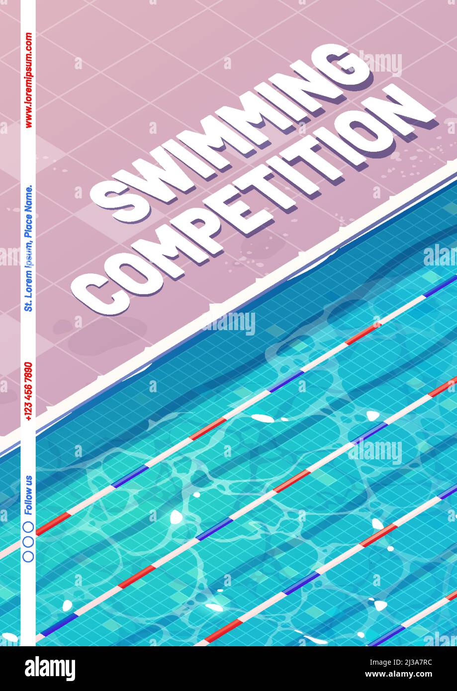 Swimming competition poster with top view of empty pool with blue water ...