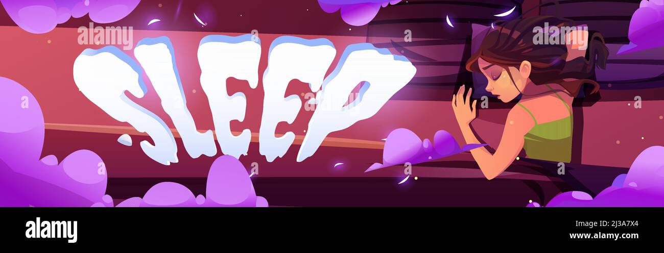 Young woman sleep cartoon banner, girl lying on pillows in bed at night ...