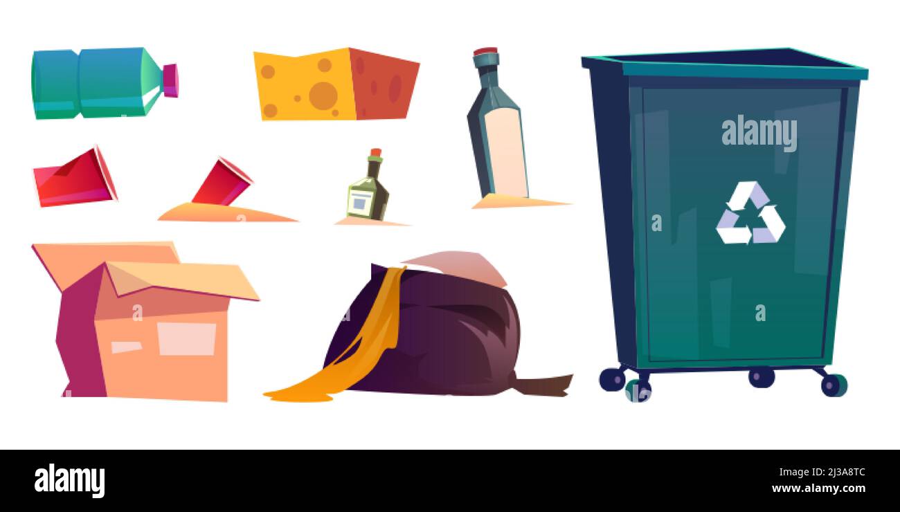 Garbage, trash and litter bin isolated cartoon set. Old plastic cups ...