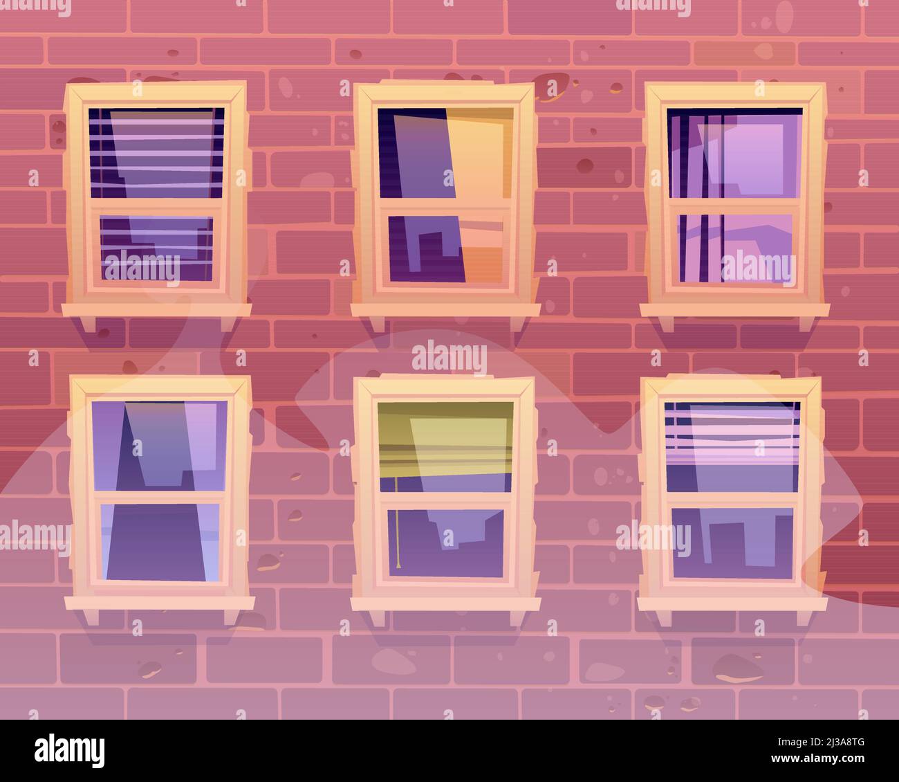 House facade windows, front view multistorey building exterior of red ...