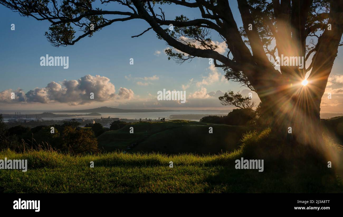 View of Rangitoto Island from Mt Eden summit, sun starbursts shining ...