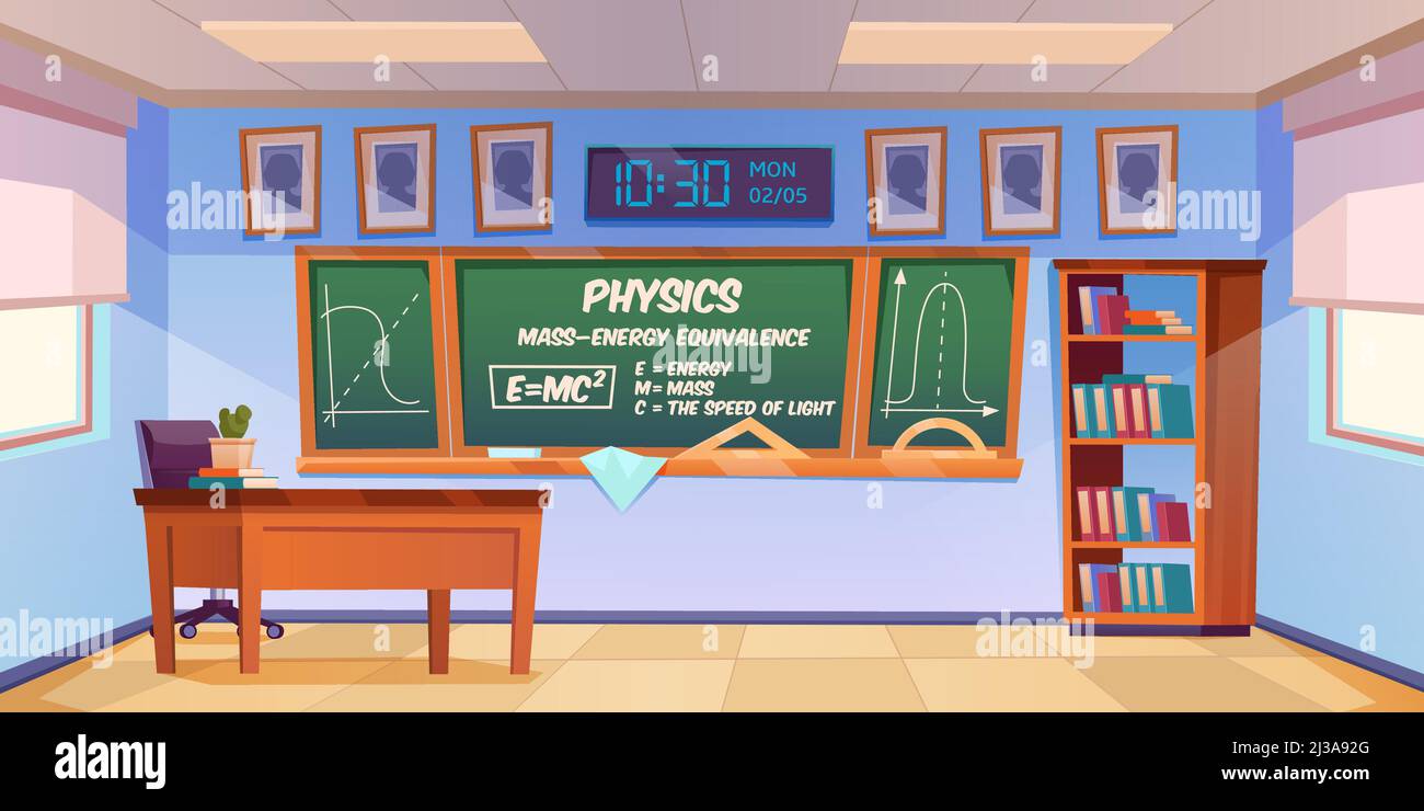Classroom for physics learning with formula and graph on chalkboard ...